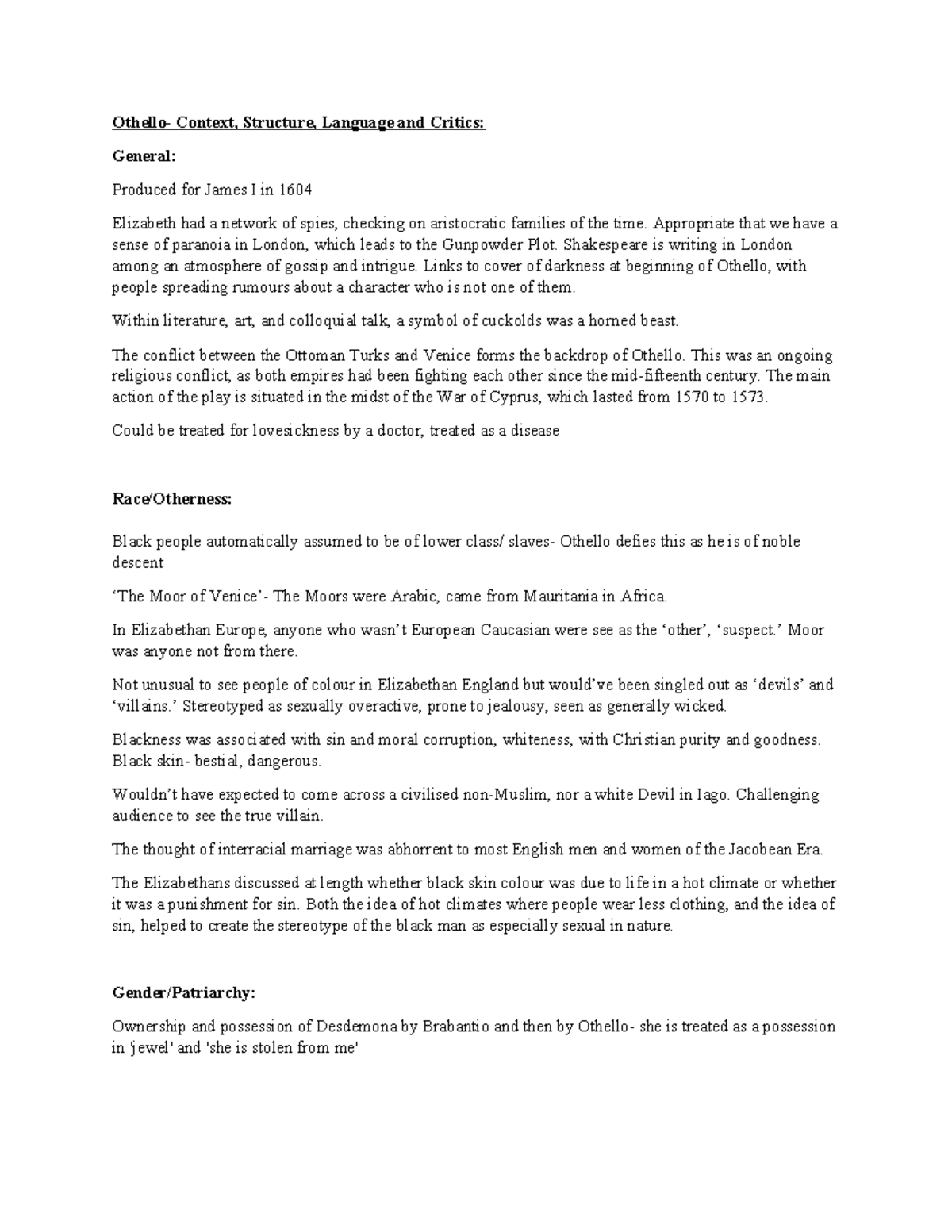 Othello Context, Structure, Language and Critics Booklet - Othello ...