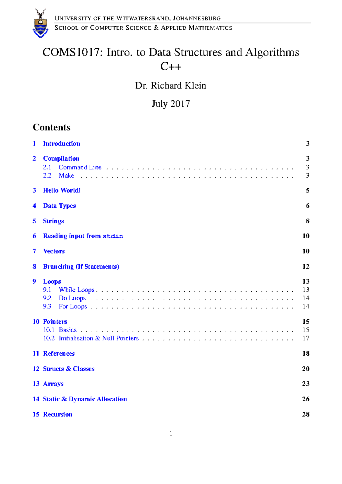 C++ Revision 2017 - UNIVERSITY OF THE WITWATERSRAND, JOHANNESBURG ...