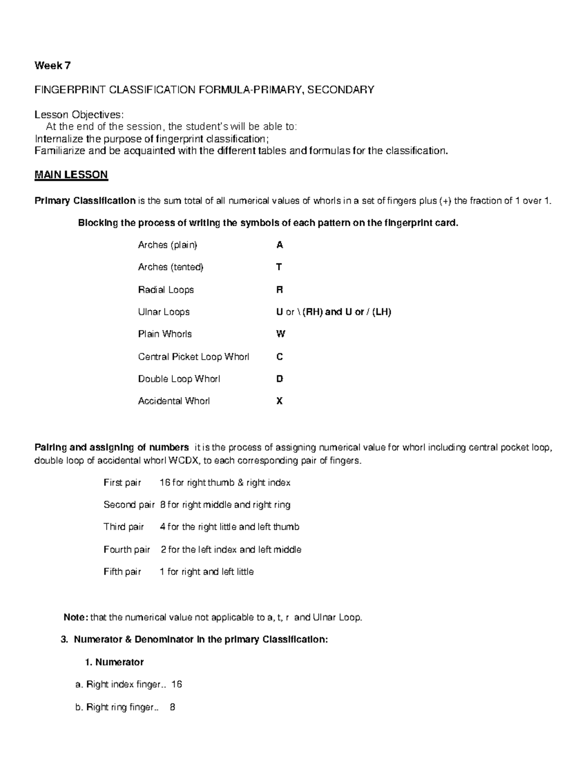 Module 7 - Mod - Week 7 FINGERPRINT CLASSIFICATION FORMULA-PRIMARY ...