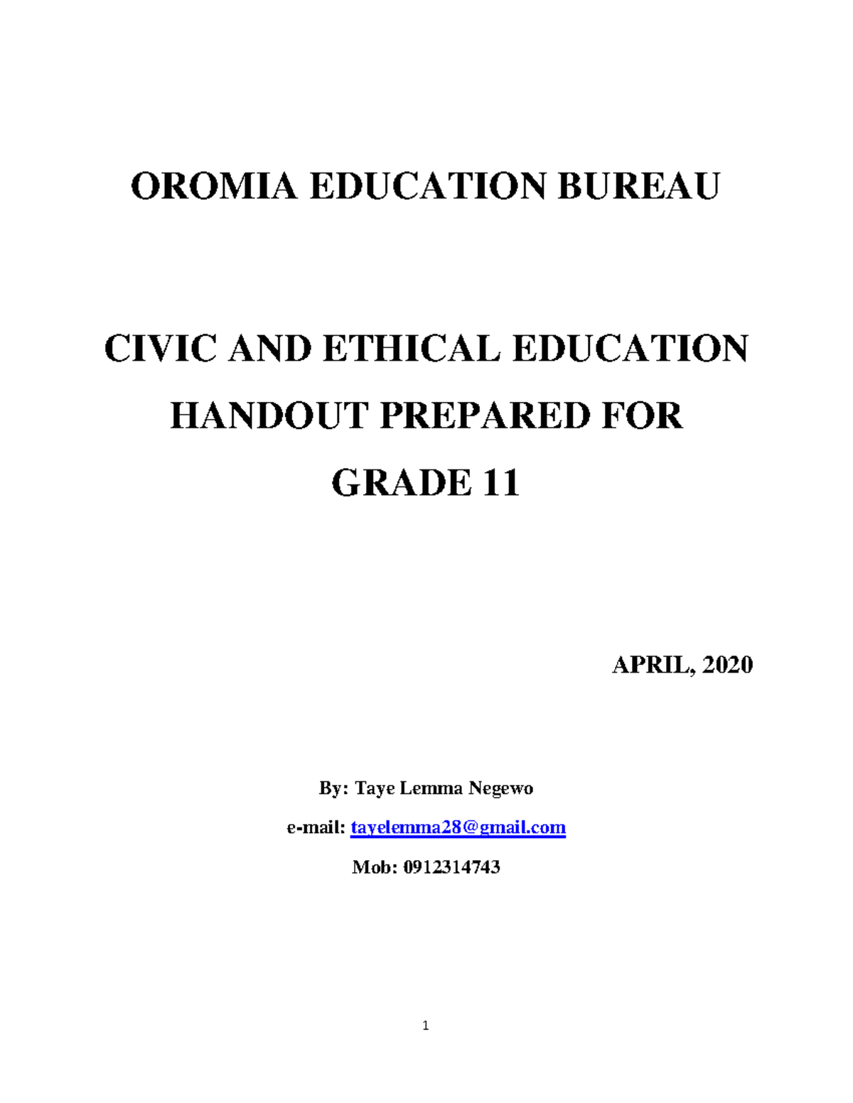 Civics G-11, Handout 2012 - OROMIA EDUCATION BUREAU CIVIC AND ETHICAL ...