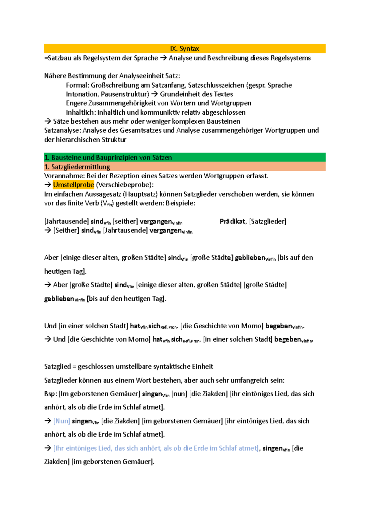 8. Syntax - IX. Syntax =Satzbau als Regelsystem der Sprache Analyse und ...