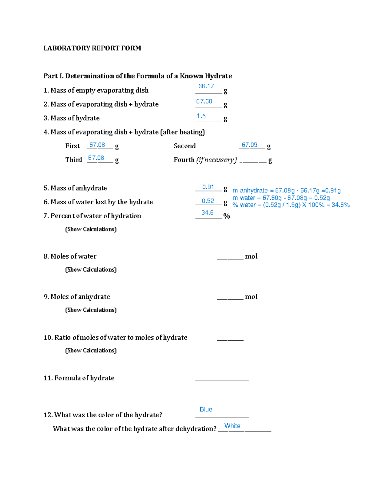Laboratory Report Form-1 - LABORATORY REPORT FORM Part I. Determination ...