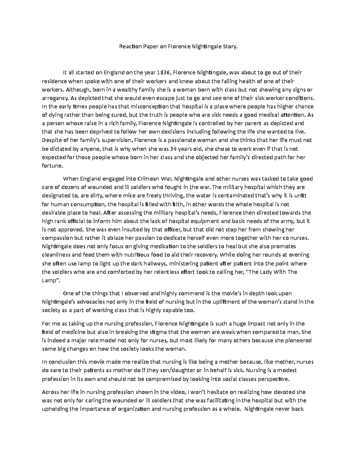 Reaction Paper on Florence Nightingale Story - It all started on ...