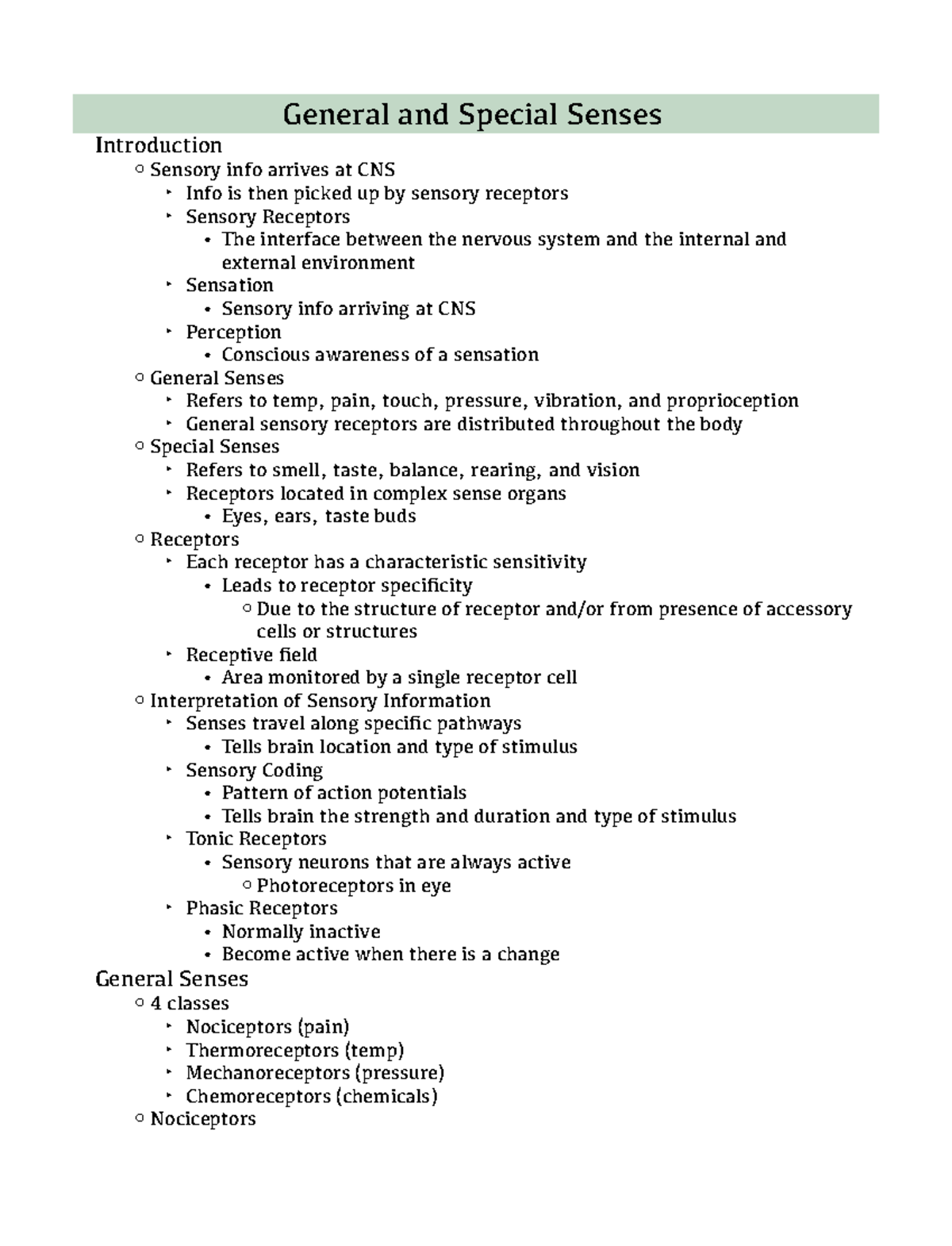 Chapter 18 - traugh - General and Special Senses Introduction Sensory ...