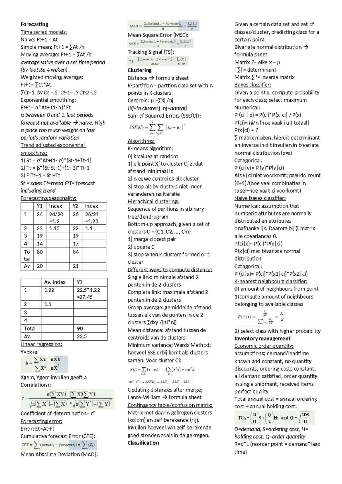 Cheat sheet logistiek 2 - Forecasting Time series models: Naive: Ft+1 ...