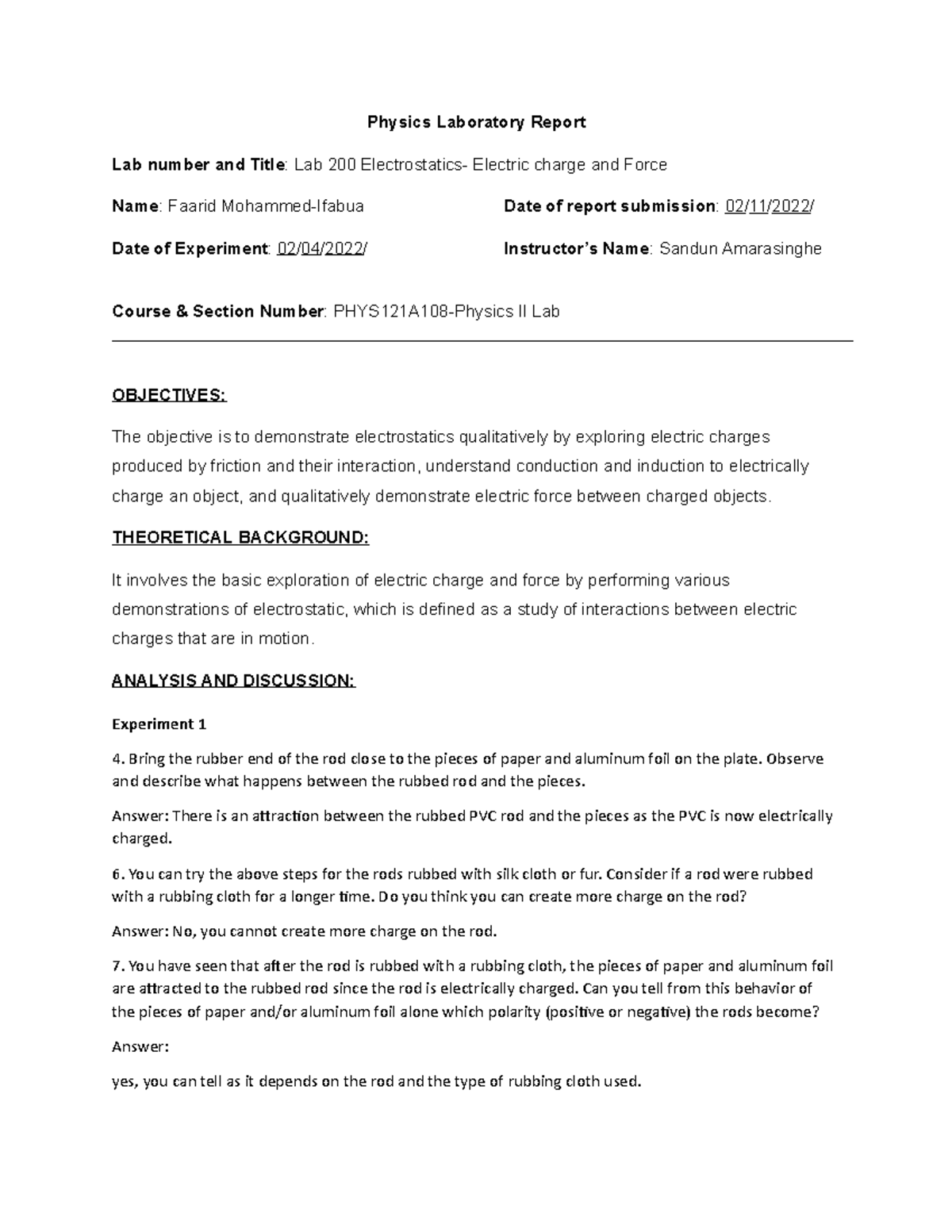 Physics Laboratory Report Electric field by point charge. - Physics ...