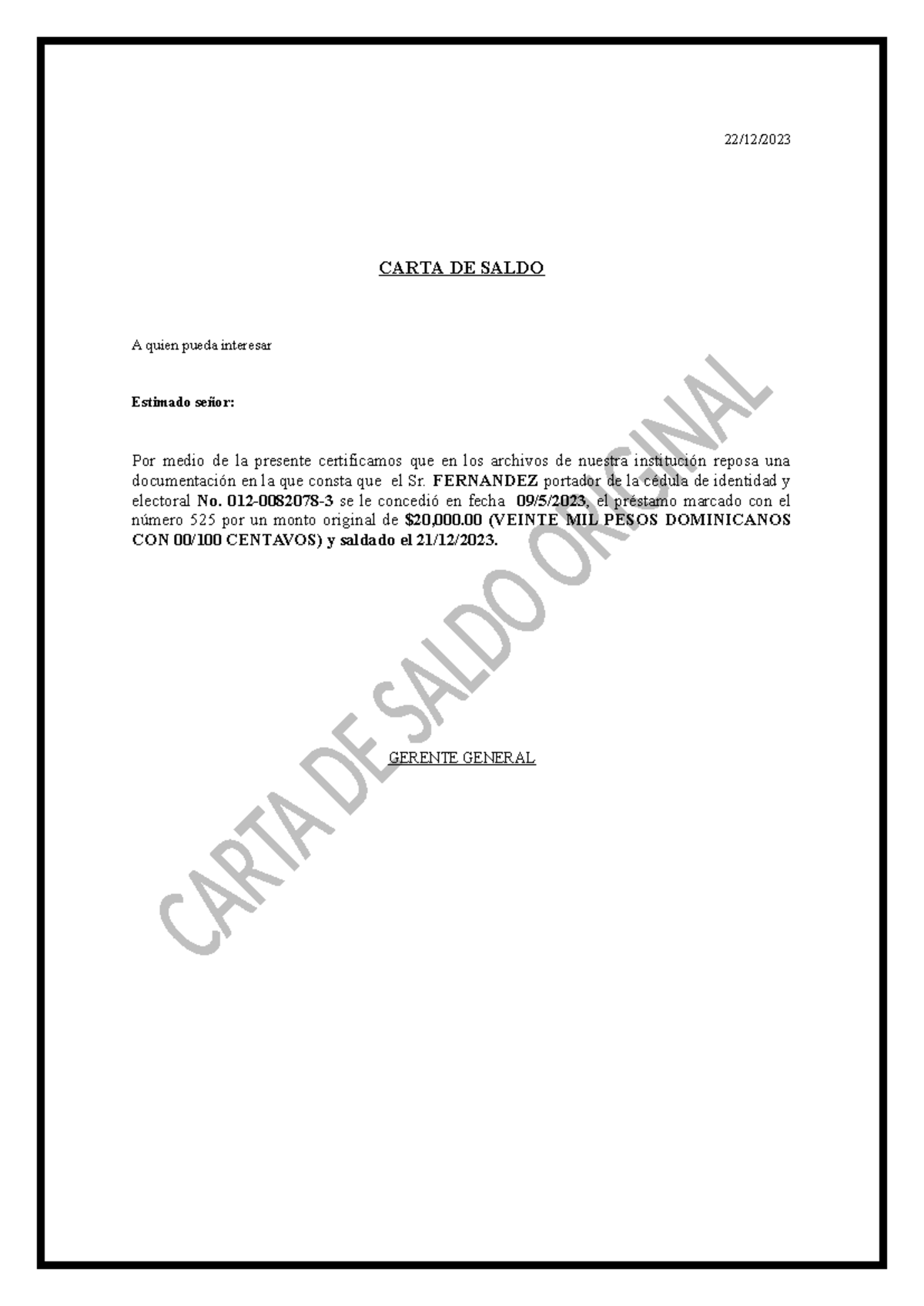 Carta DE SAl DO Modelo - Derecho Comercial - 22/12/ CARTA DE SALDO A ...