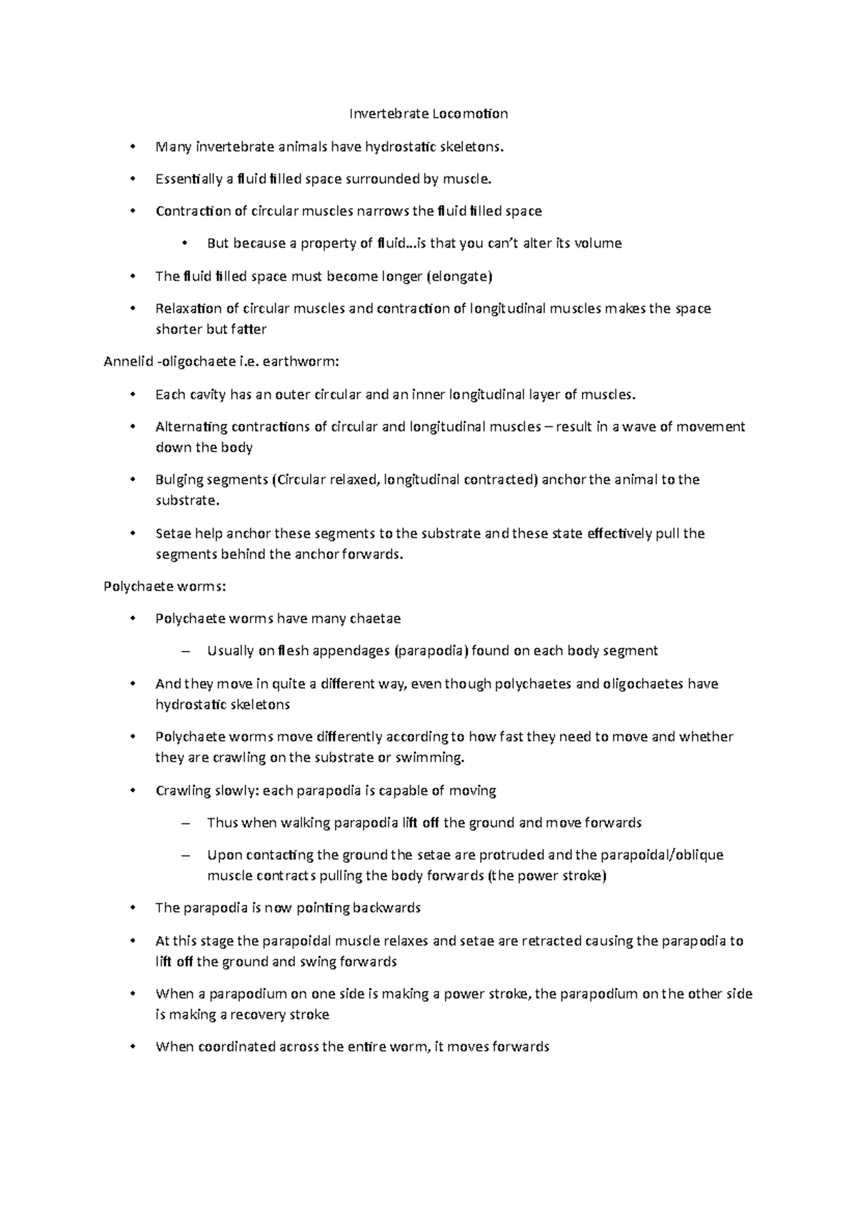 Invertebrate Locomotion notes - Invertebrate Locomotion Many ...