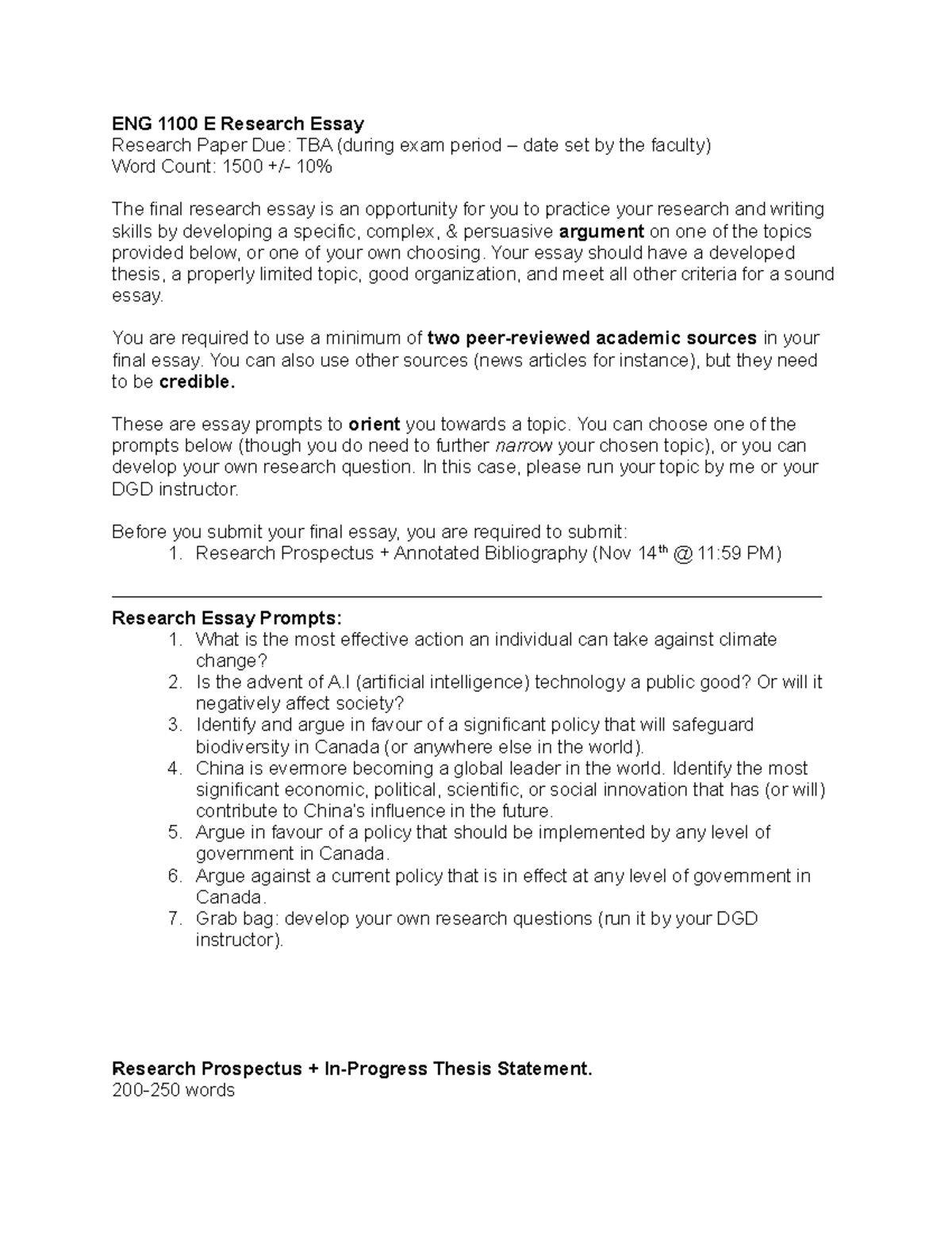 Final Research Essay E - ENG 1100 E Research Essay Research Paper Due ...
