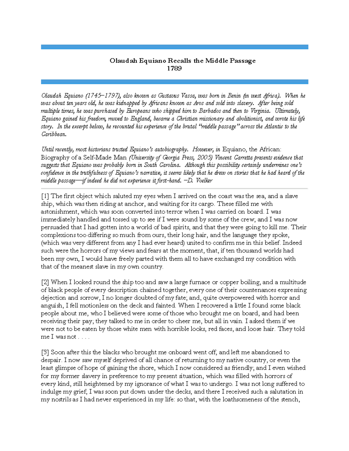 Equiano, Recalls the Middle Passage - Olaudah Equiano Recalls the ...