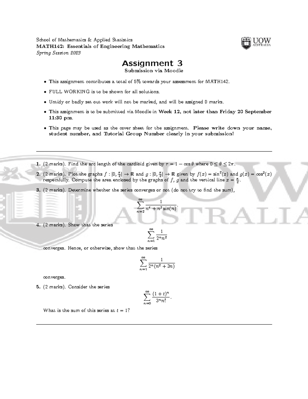 Assignment 3-2023 - School of Mathematics & Applied Statistics MATH142: Essentials of - Studocu