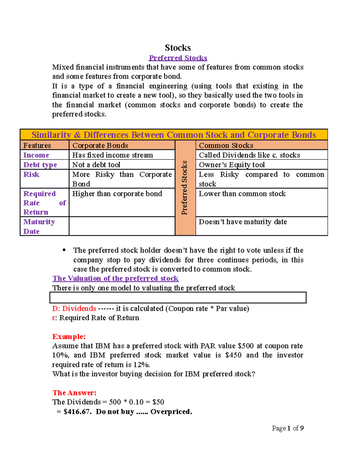 Stocks Valuation - lecture 3 - Stocks Preferred Stocks Mixed financial ...
