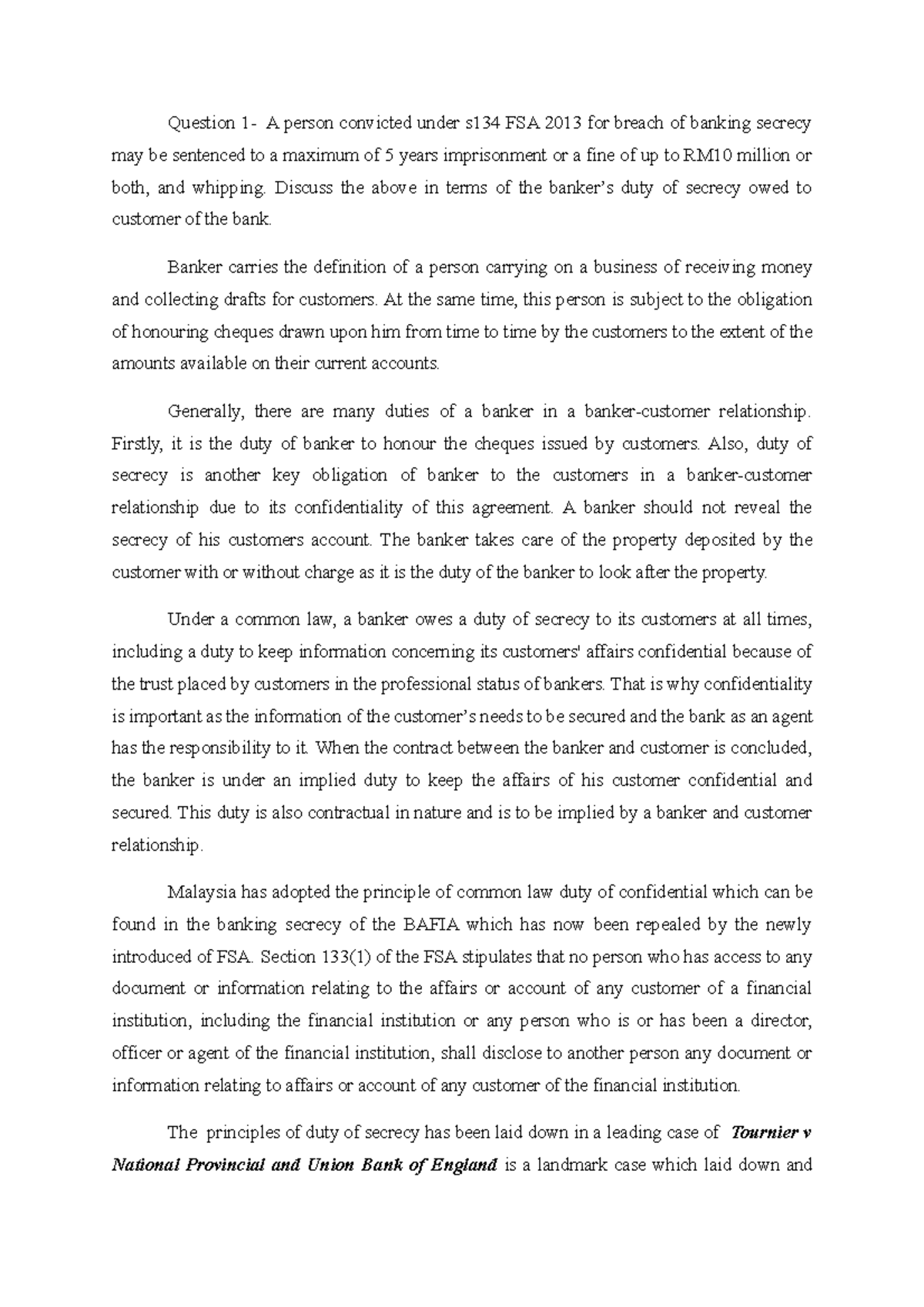 Tuto 3 - Question 1- A person convicted under s134 FSA 2013 for breach ...