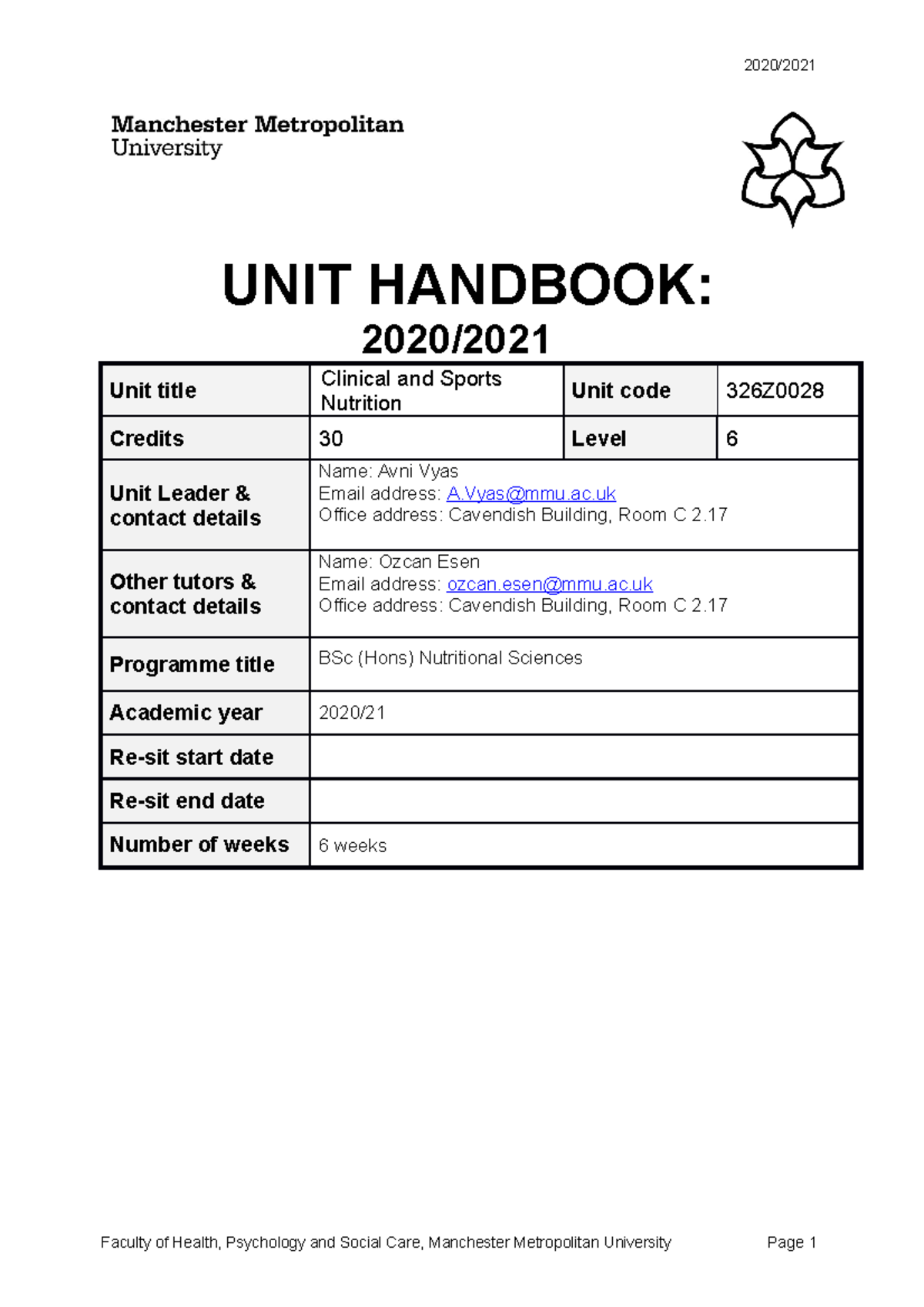 Unit handbook - UNIT HANDBOOK: 2020/ Unit title Clinical and Sports ...