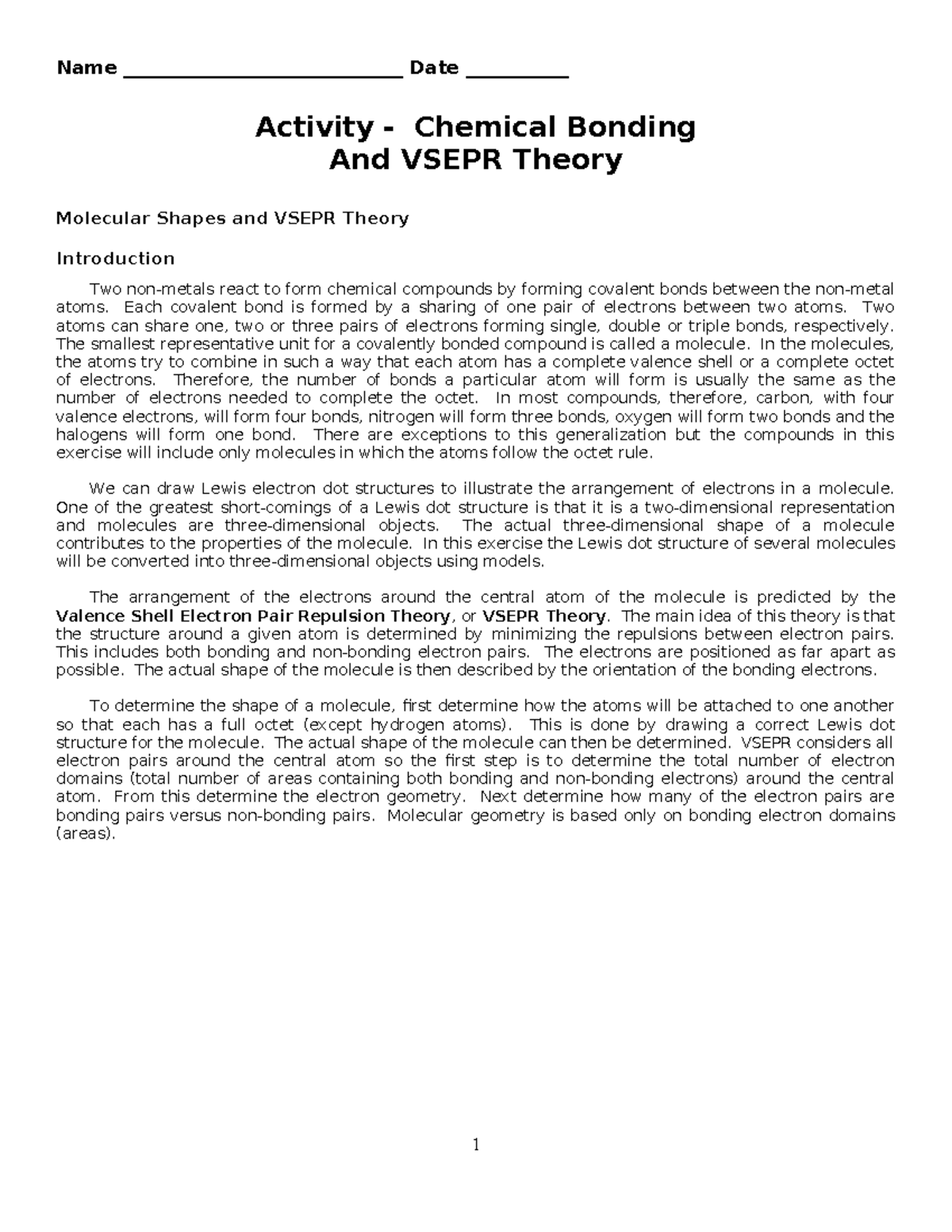 Activity - Prelab Chemical Bonding and Vsepr Theory - Activity ...