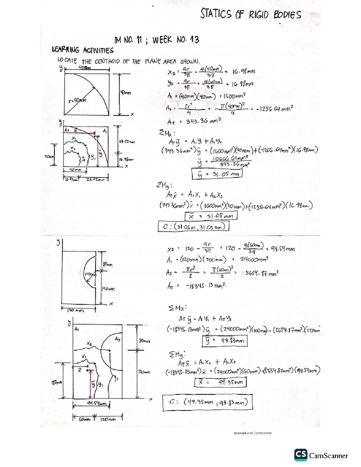 Statics of Rigid Bodies - Week 13 Learning Activities - Mechanical Engineering - CamScanner ...