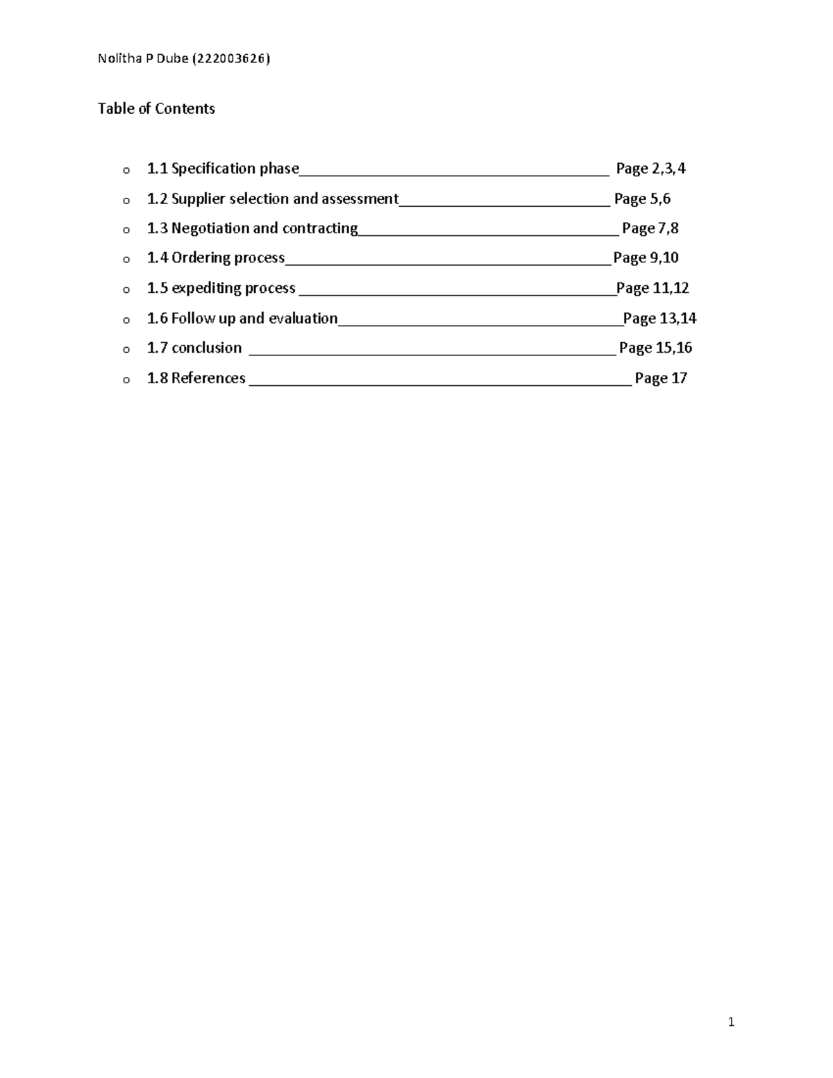 Procurement assignment 1 - Table of Contents o 1 Specification - Studocu