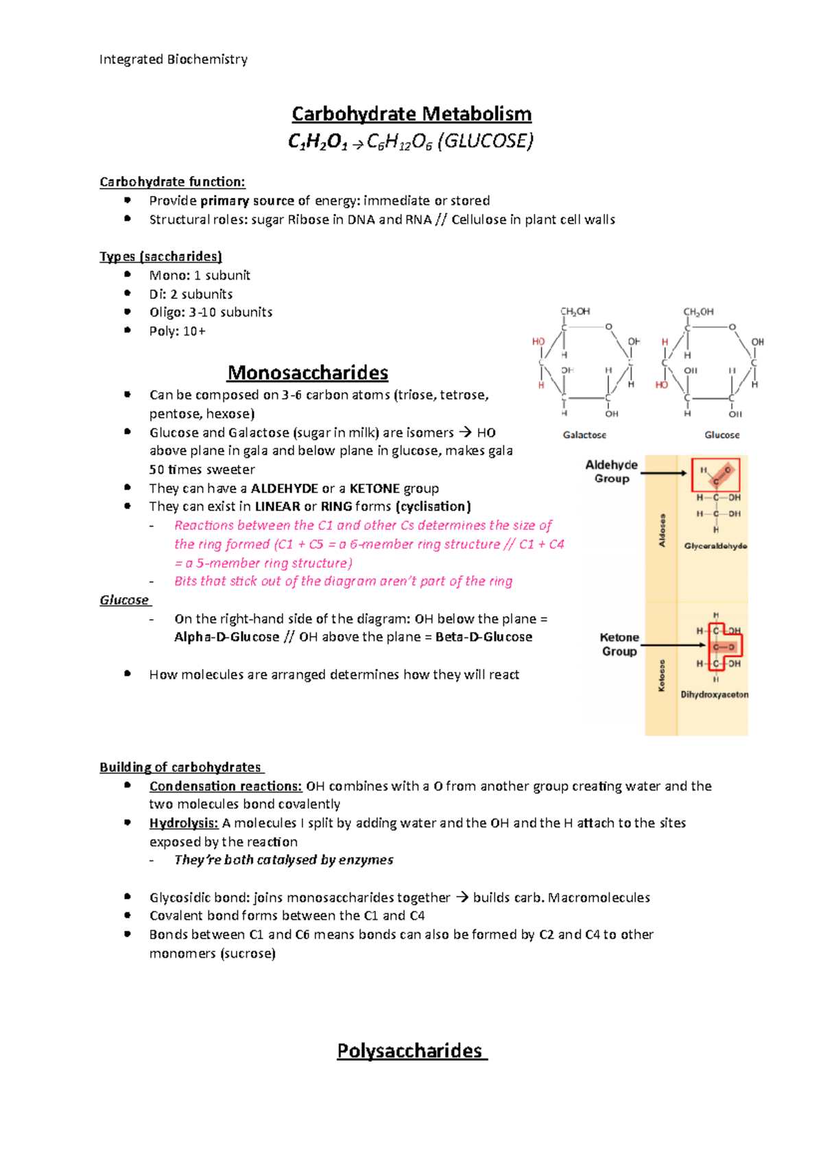 Carbohydrate Metabolism - notes - Carbohydrate Metabolism C 1 H 2 O 1 C ...