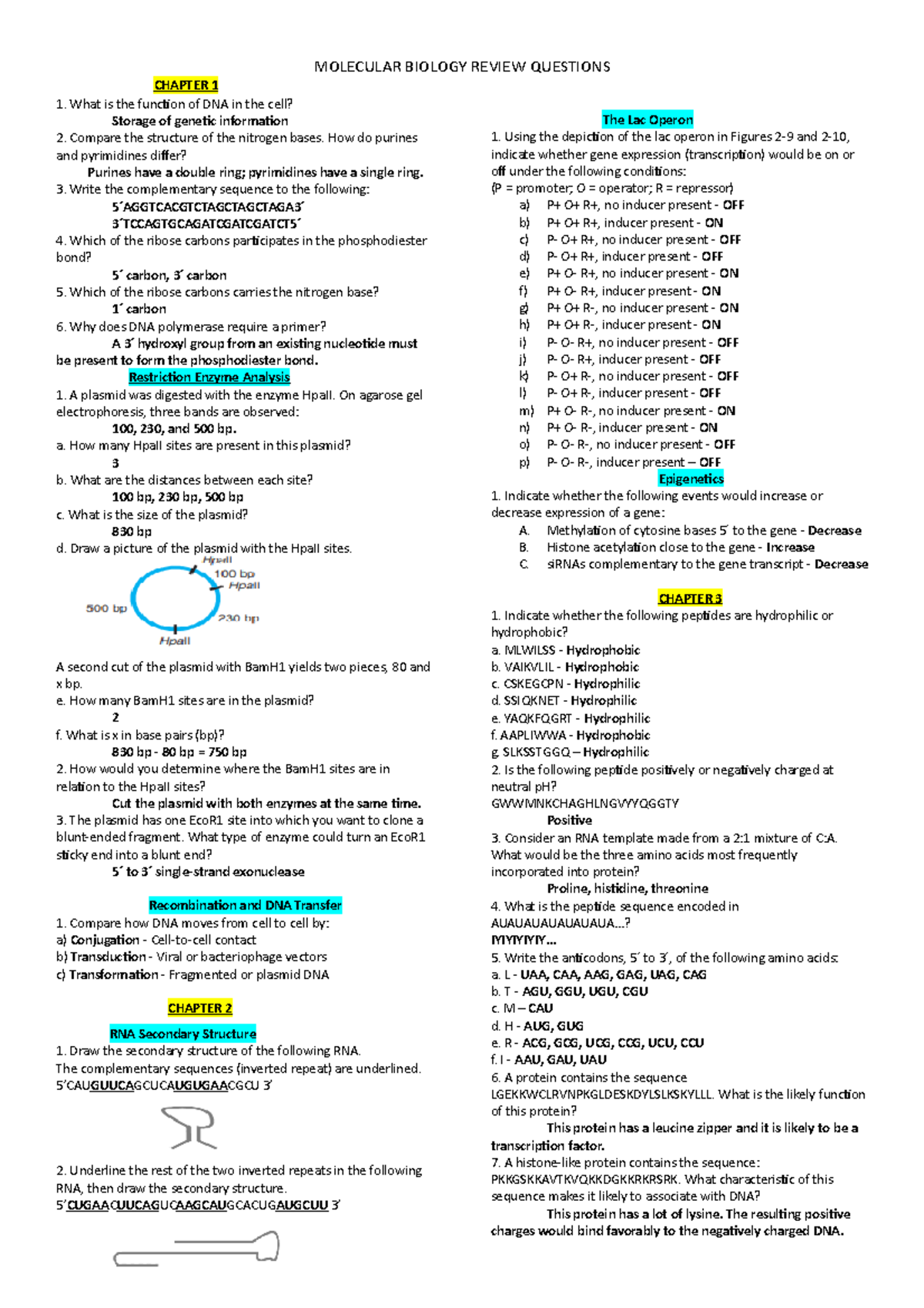 MOL BIO 2 - answers - MOLECULAR BIOLOGY REVIEW QUESTIONS CHAPTER 1 What ...