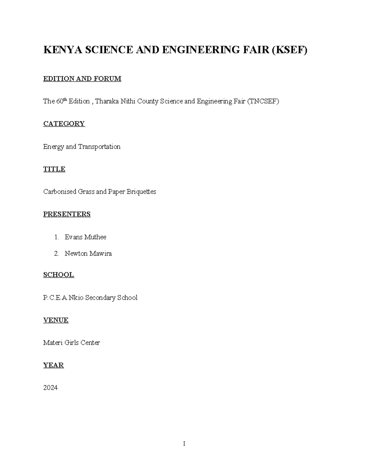 Briquette Production - KENYA SCIENCE AND ENGINEERING FAIR (KSEF ...