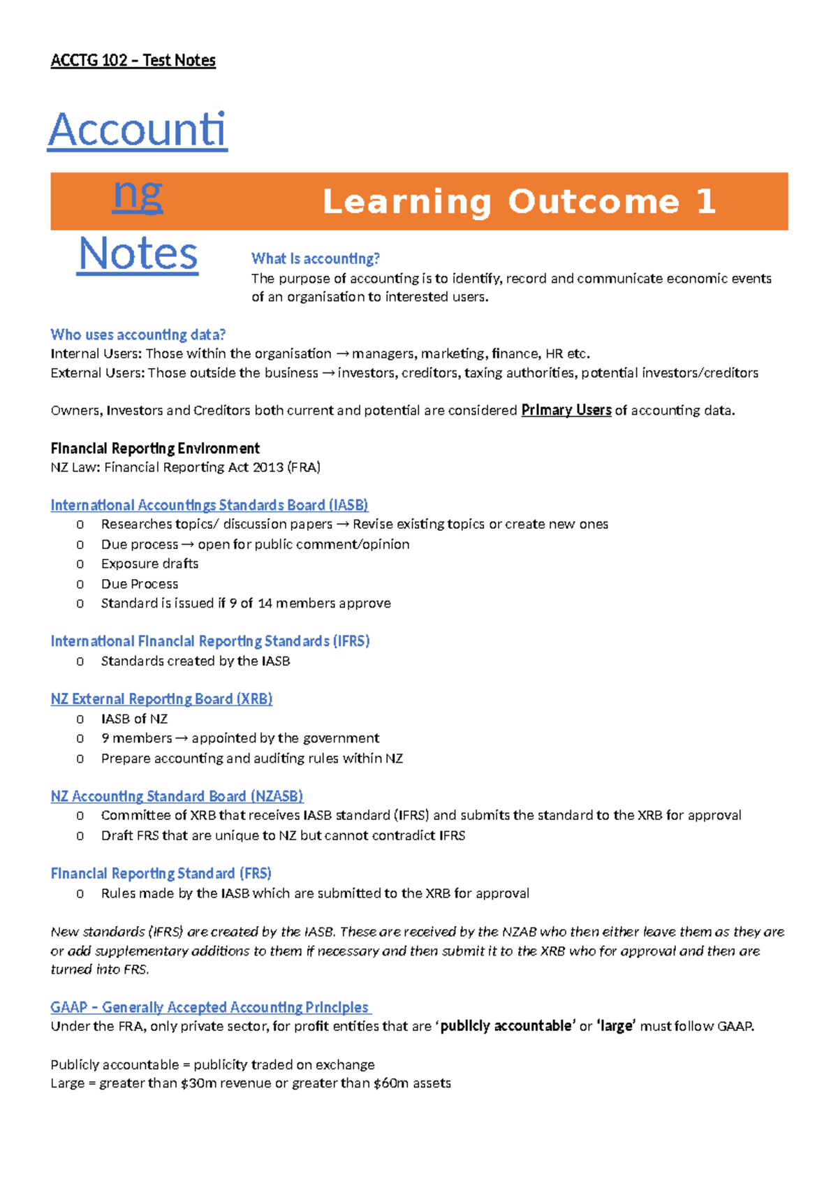 Acctg 102 notes - ... - Learning Outcome 1 What is accounting? The ...