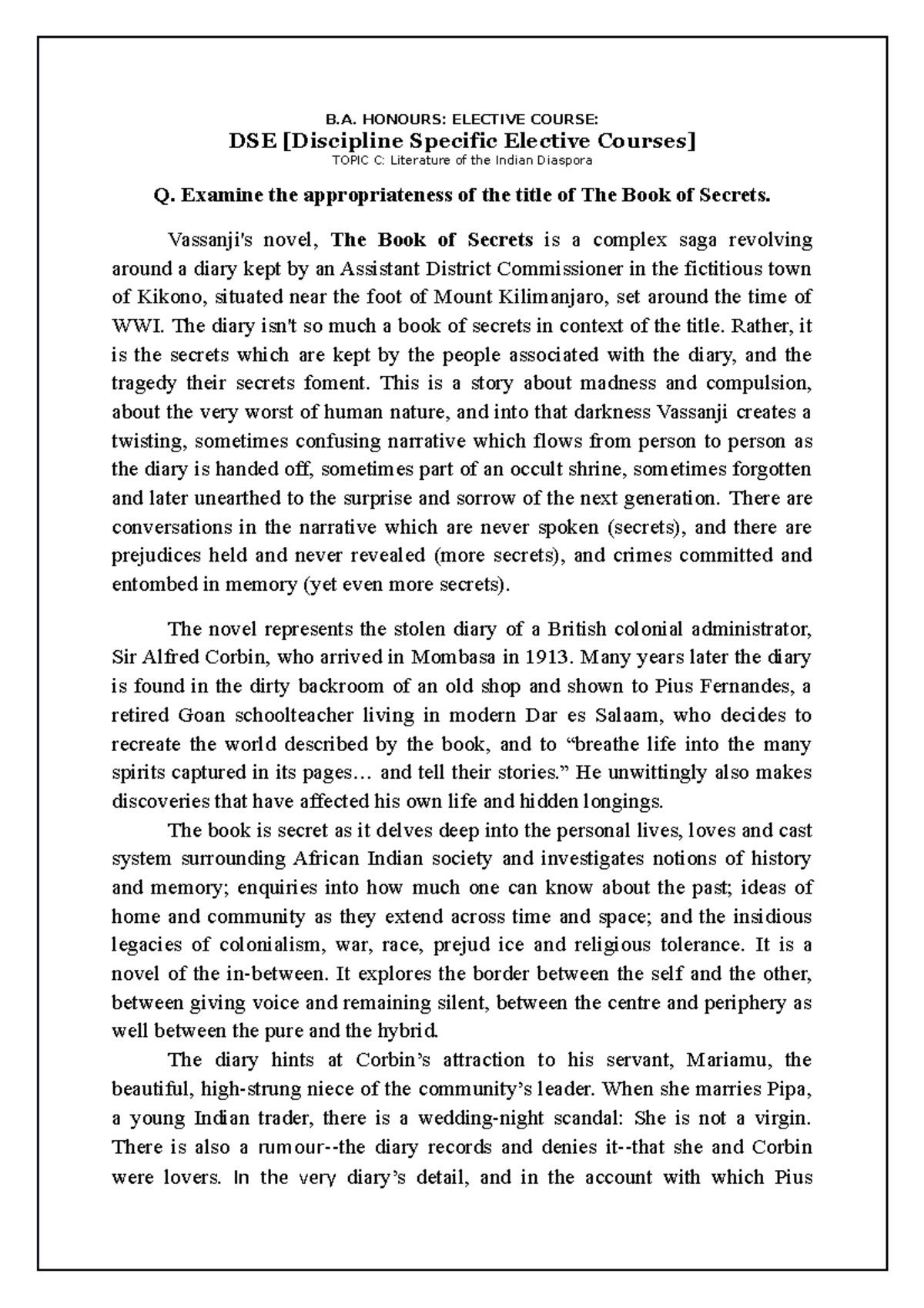 The Book of Secrets-Title - B. HONOURS: ELECTIVE COURSE: DSE ...