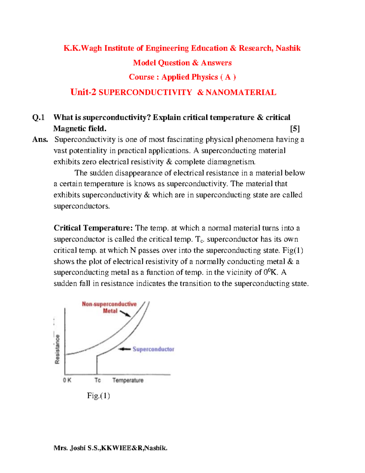 Model Q & A on Superconductivity & Nanomaterial - A Group - K.K Institute of Engineering ...