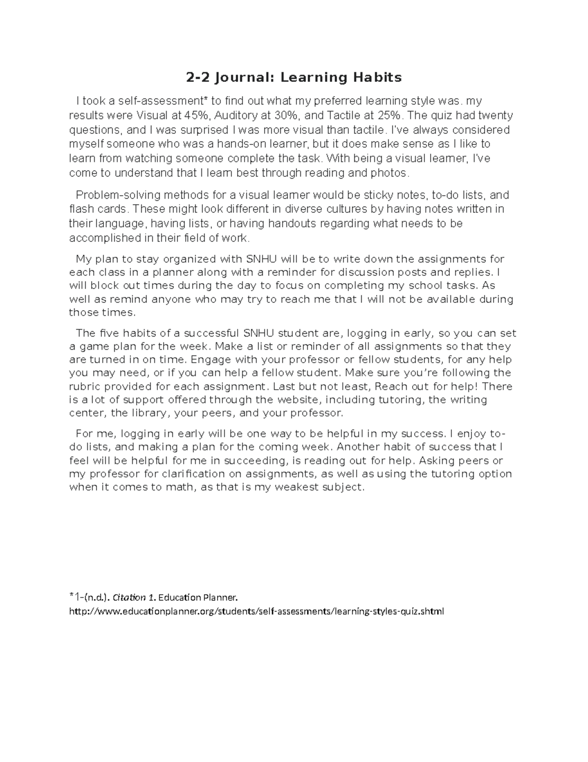 2-2 journal - 2-2 Journal: Learning Habits I took a self-assessment* to ...