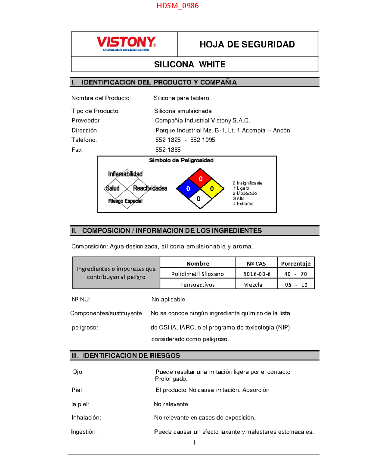 HDSM 0986 Silicona PARA Tablero - HOJA DE SEGURIDAD SILICONA WHITE I ...