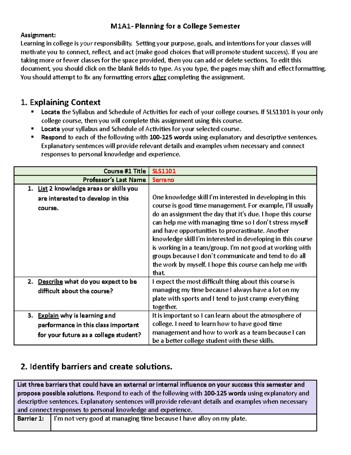 M1A1 - Career - M1A1- Planning for a College Semester Assignment ...