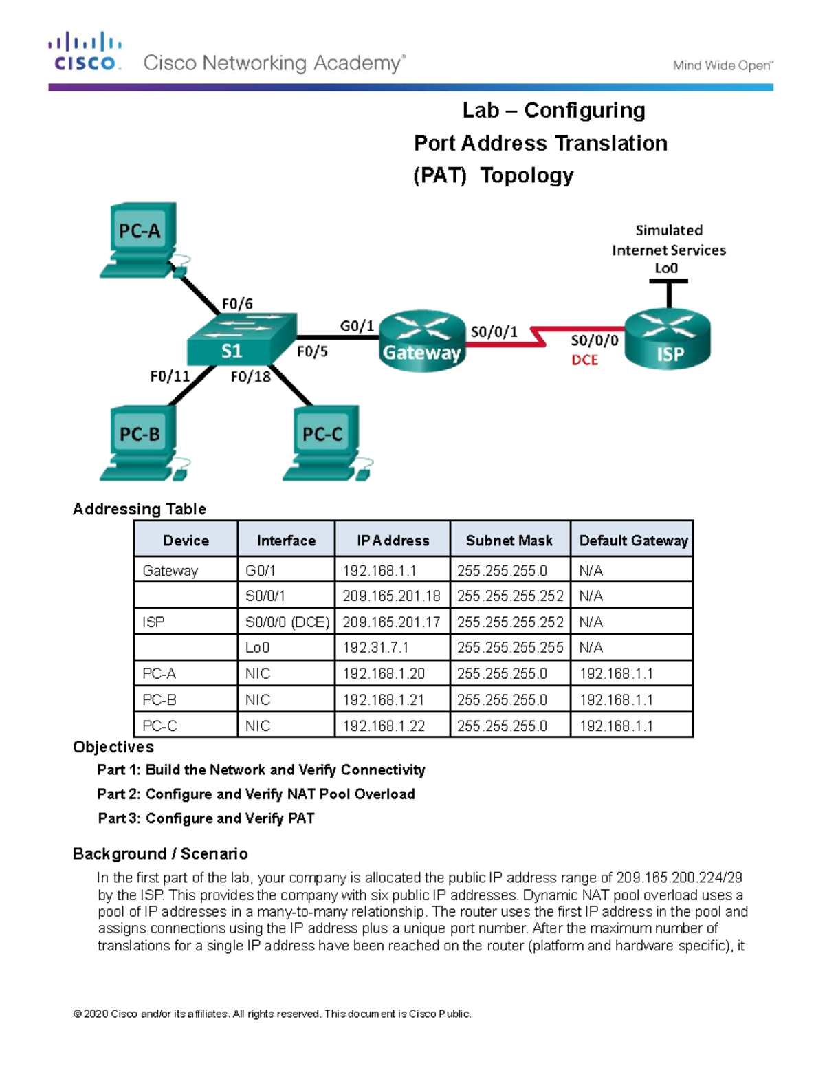 Lab 9 - lab 9 work - Lab – Configuring Port Address Translation (PAT) Topology Addressing Table ...
