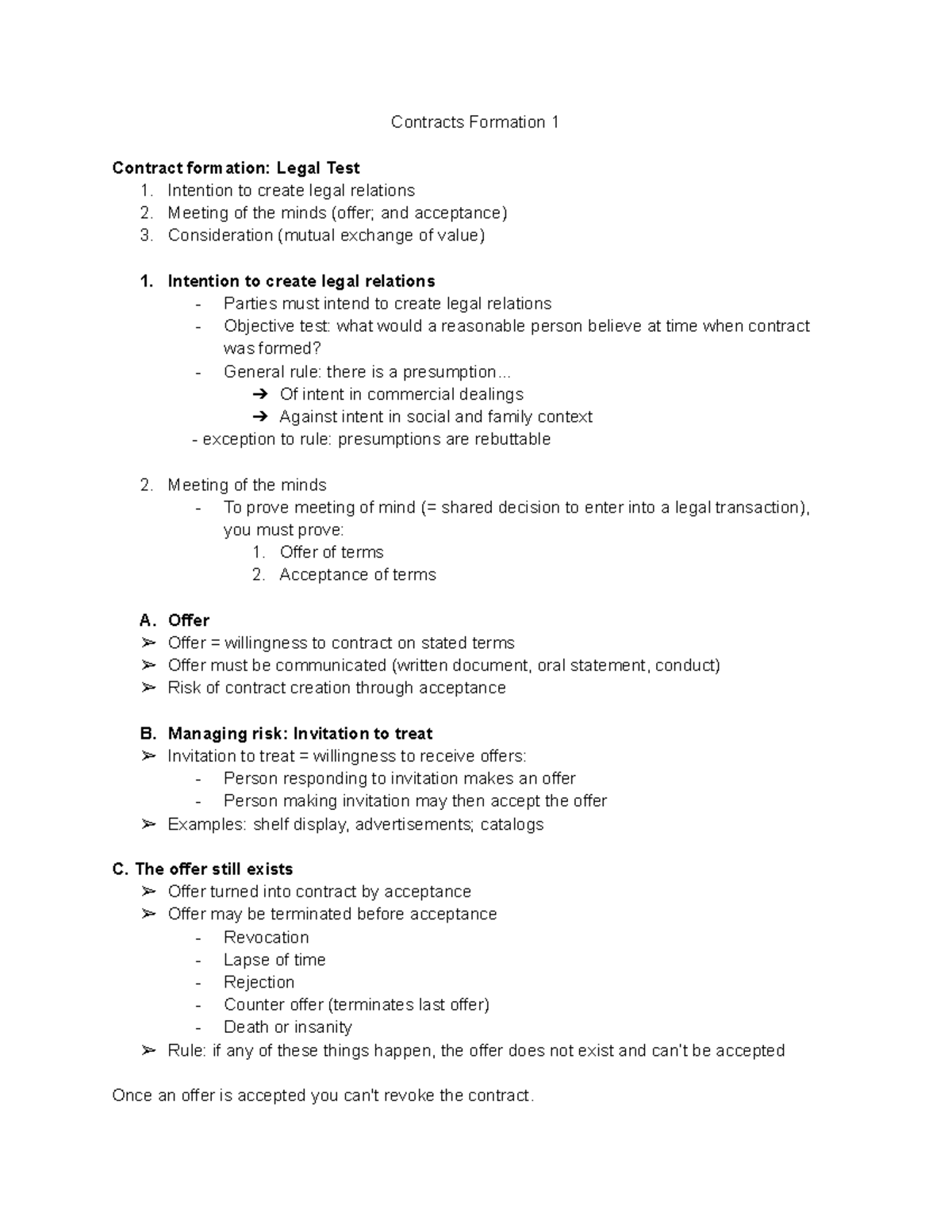CLAW WEEK 7 - Lecture AND slides - Contracts Formation 1 Contract ...