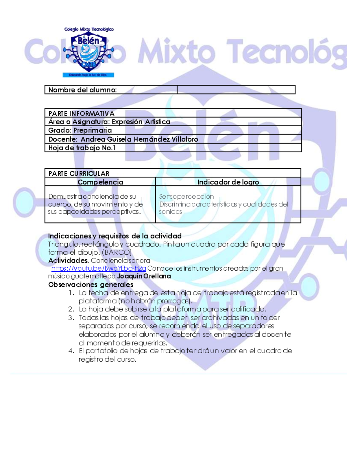 Hoja de trabajo No.1 E.A 3er Bimestre - Nombre del alumno: PARTE ...