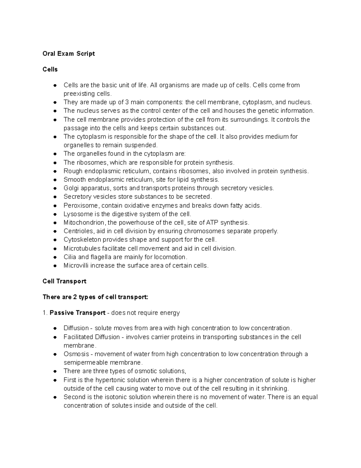 Oral and Practical Exam Notes - Oral Exam Script Cells Cells are the ...