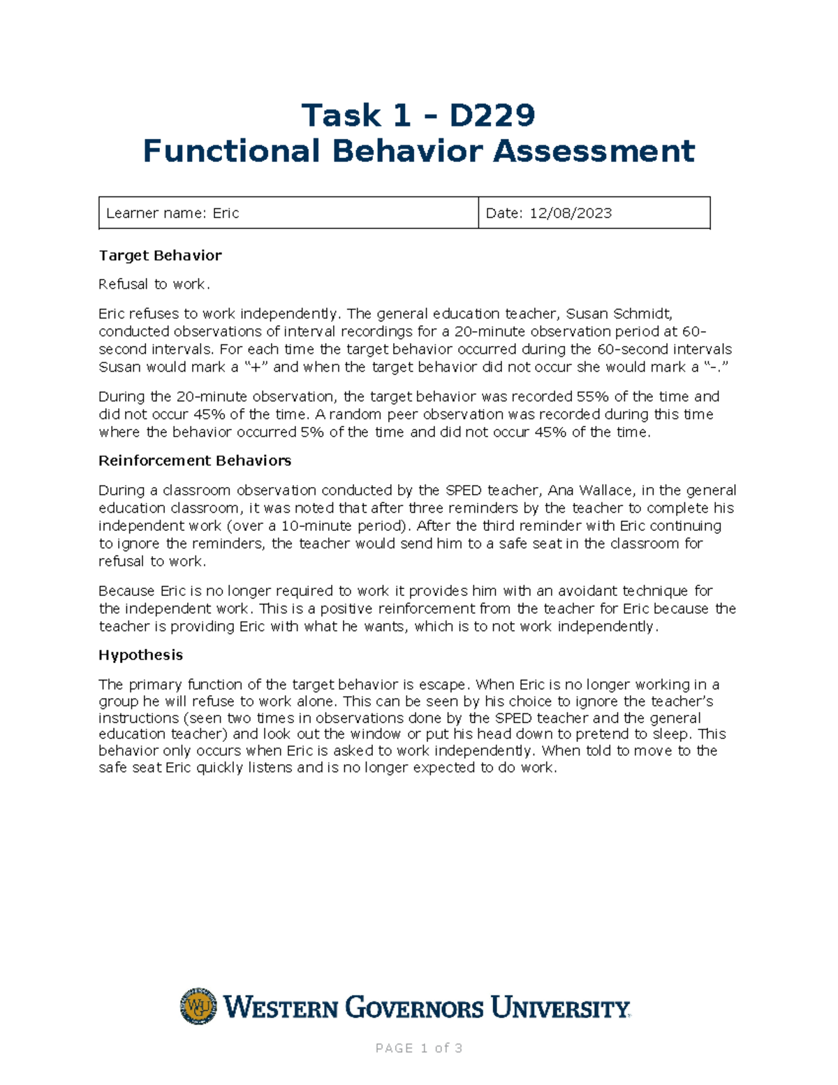 D229 Management Strategies for Academic and Social Behavior - Task 1 ...