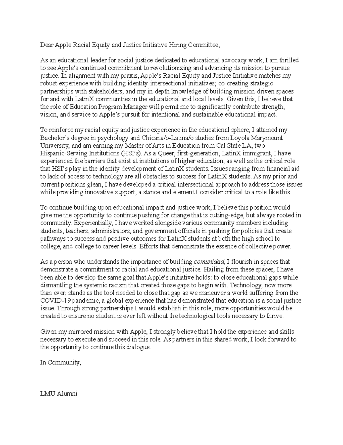 Cover Letter-Example #1 - Dear Apple Racial Equity and Justice ...