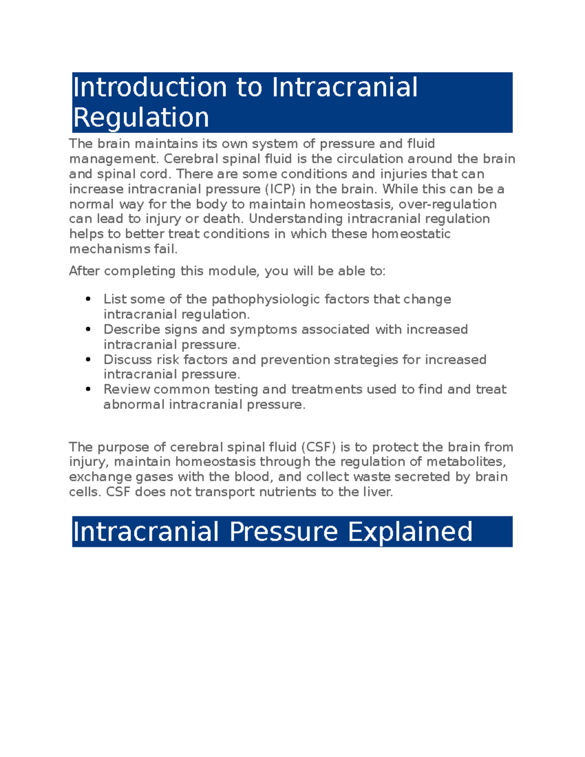 Intracranial pressure regulation Module - WK3 Edap Note - Introduction ...