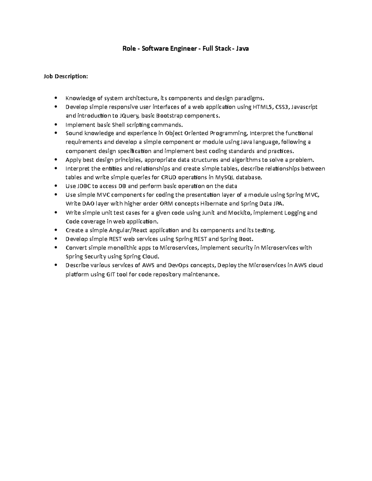 FSE - Java JD - Lecture notes 10 - Role - Software Engineer - Full ...