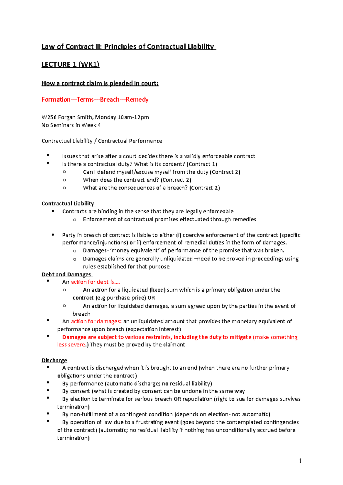 Contract II Notes - Law of Contract II: Principles of Contractual ...