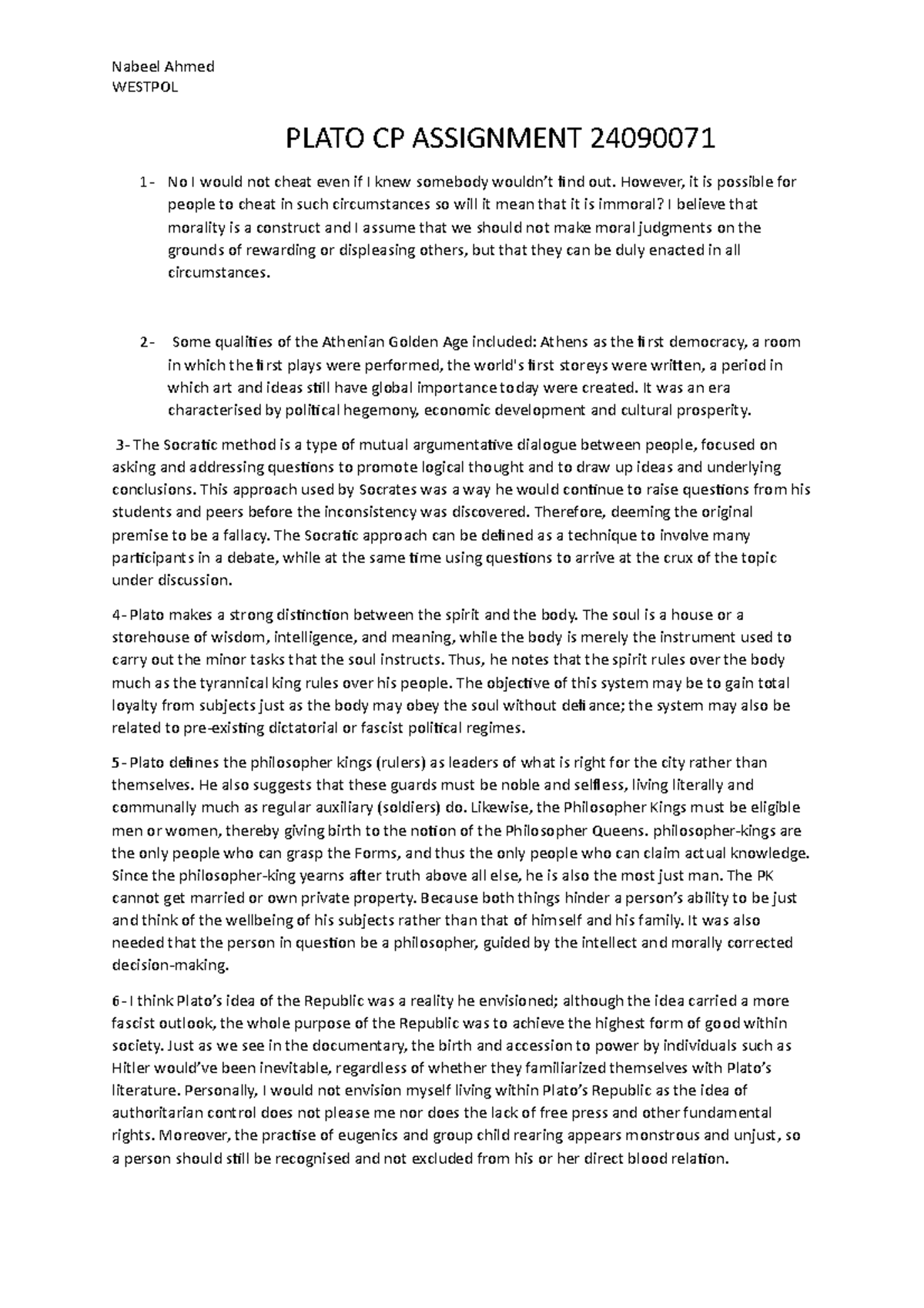 Plato Assignment For all - Nabeel Ahmed WESTPOL PLATO CP ASSIGNMENT ...