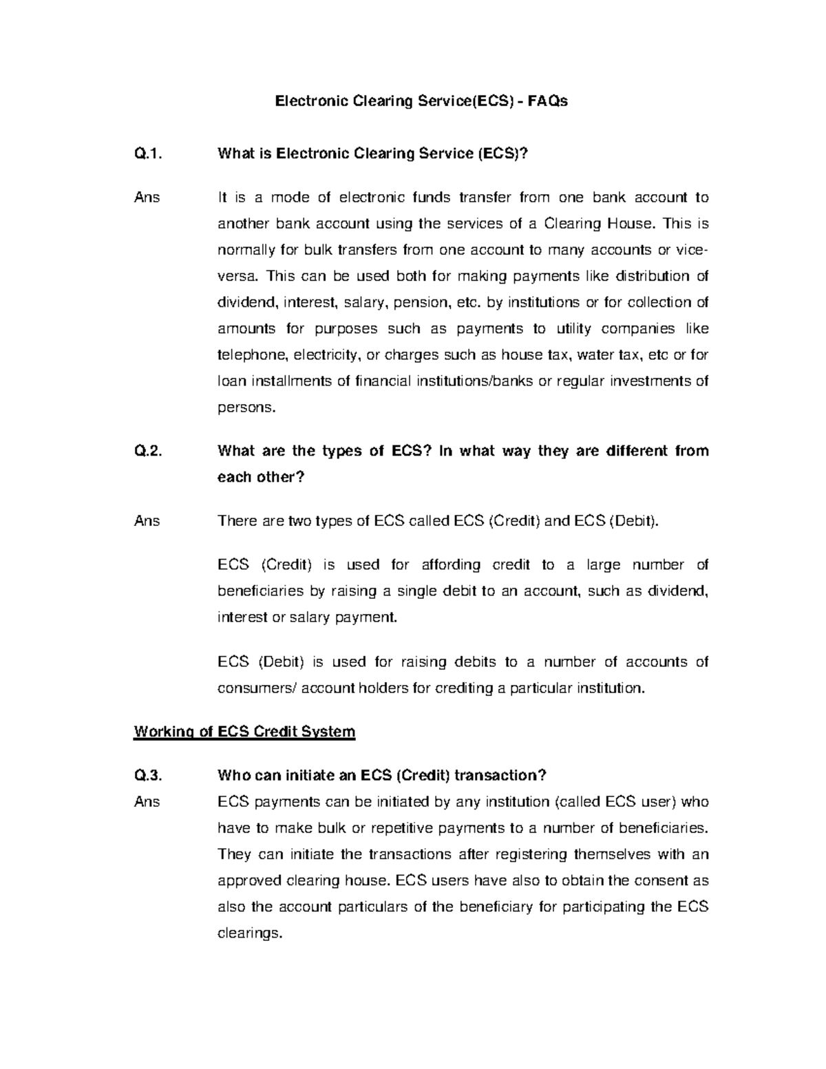 Ecs-english - ENGLISH NOTES - Electronic Clearing Service(ECS) - FAQs Q ...