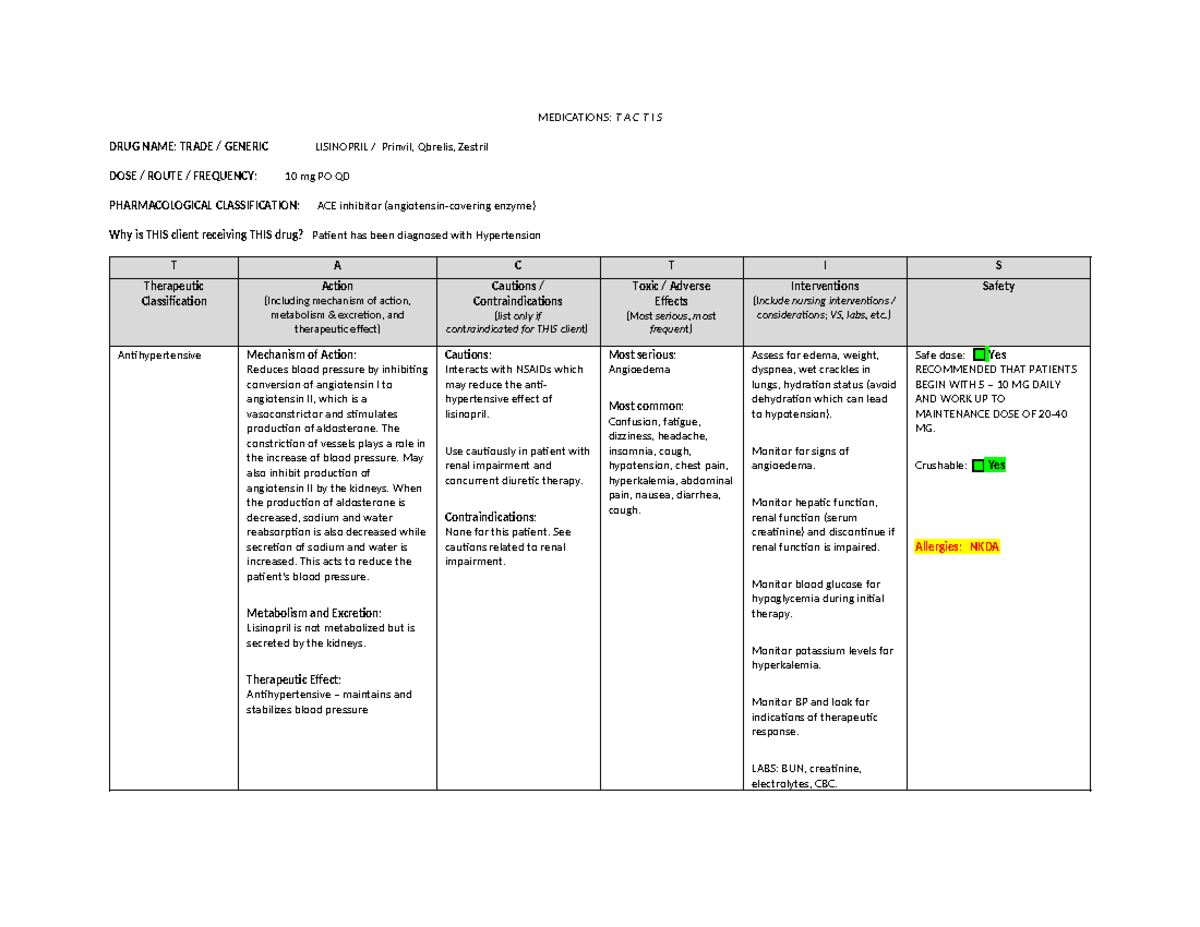 Lisinopril medication Tactis sheet - MEDICATIONS: T A C T I S DRUG NAME ...