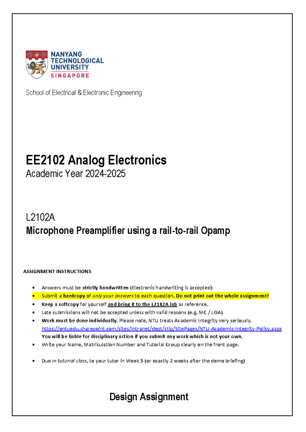 L2102A AY24-25 Design Assignment temp - ####### School of Electrical & Electronic Engineering EE ...
