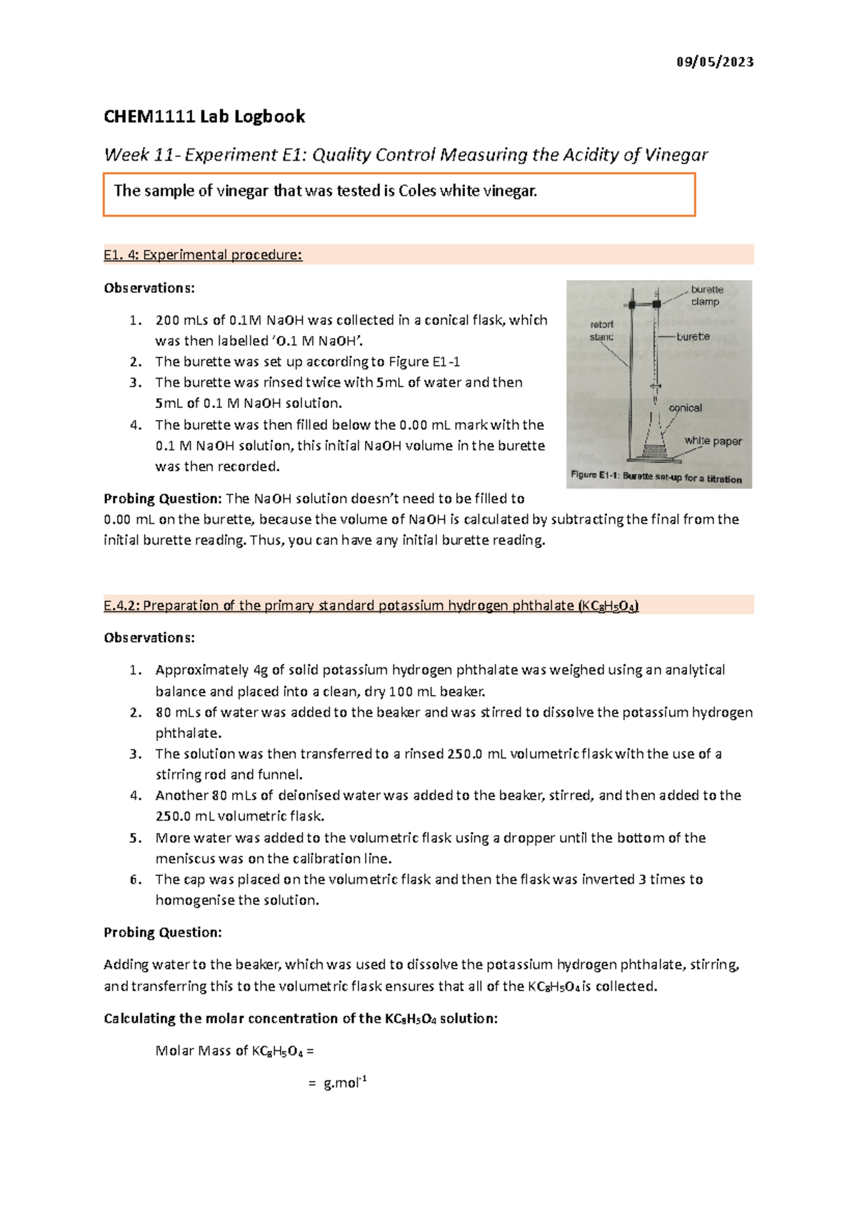 CHEM1111 Lab Logbook E1 - CHEM1111 Lab Logbook Week 11- Experiment E1: Quality Control Measuring ...