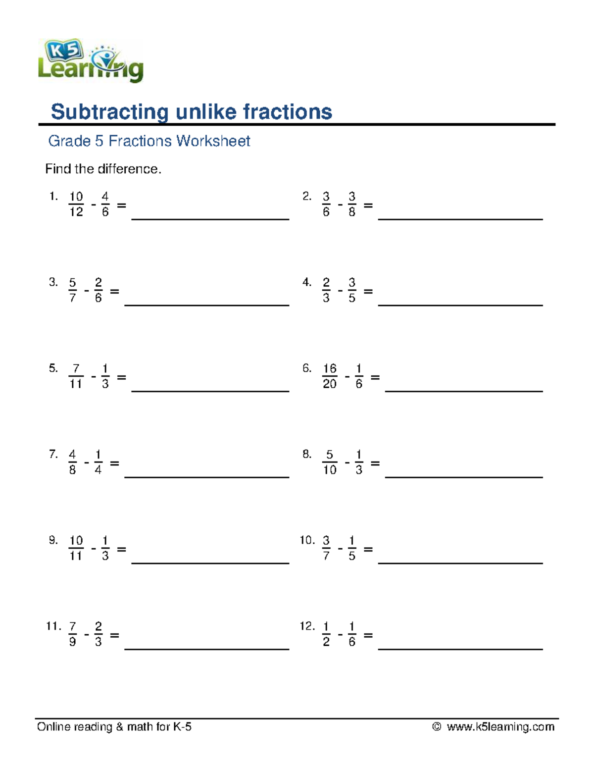 Grade 5 subtracting fractions unlike denominators b - Online reading ...