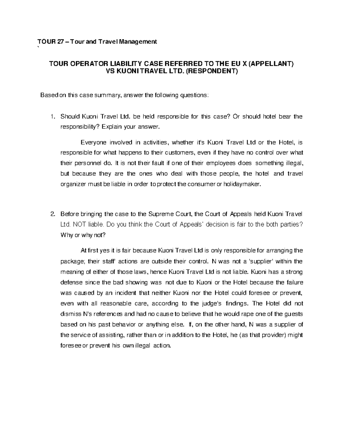 CASE STUDY - TOUR Operator Liability CASE Referred TO THE EU X ...