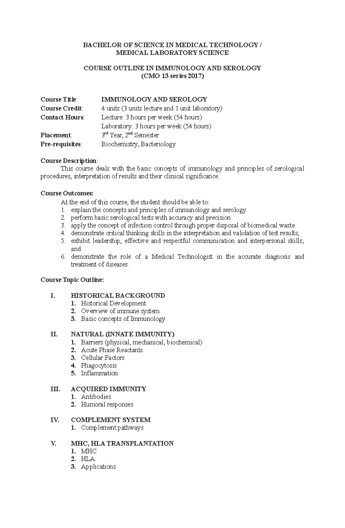 Course Outline Serology and Immunology - BACHELOR OF SCIENCE IN MEDICAL ...