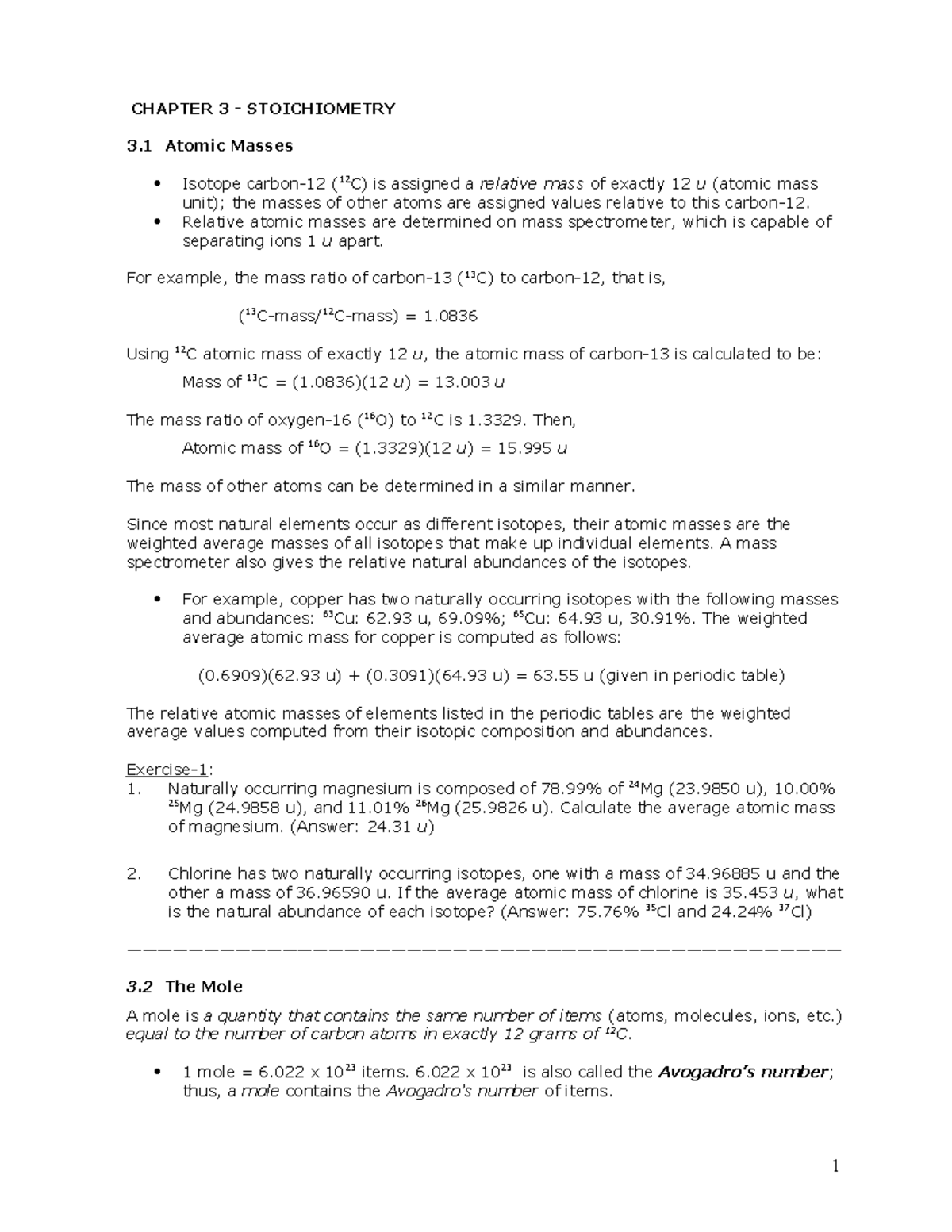 Chapter 3 Stoichiometry Worksheet - CHAPTER 3 - STOICHIOMETRY 3 Atomic Masses Isotope carbon-12 ...