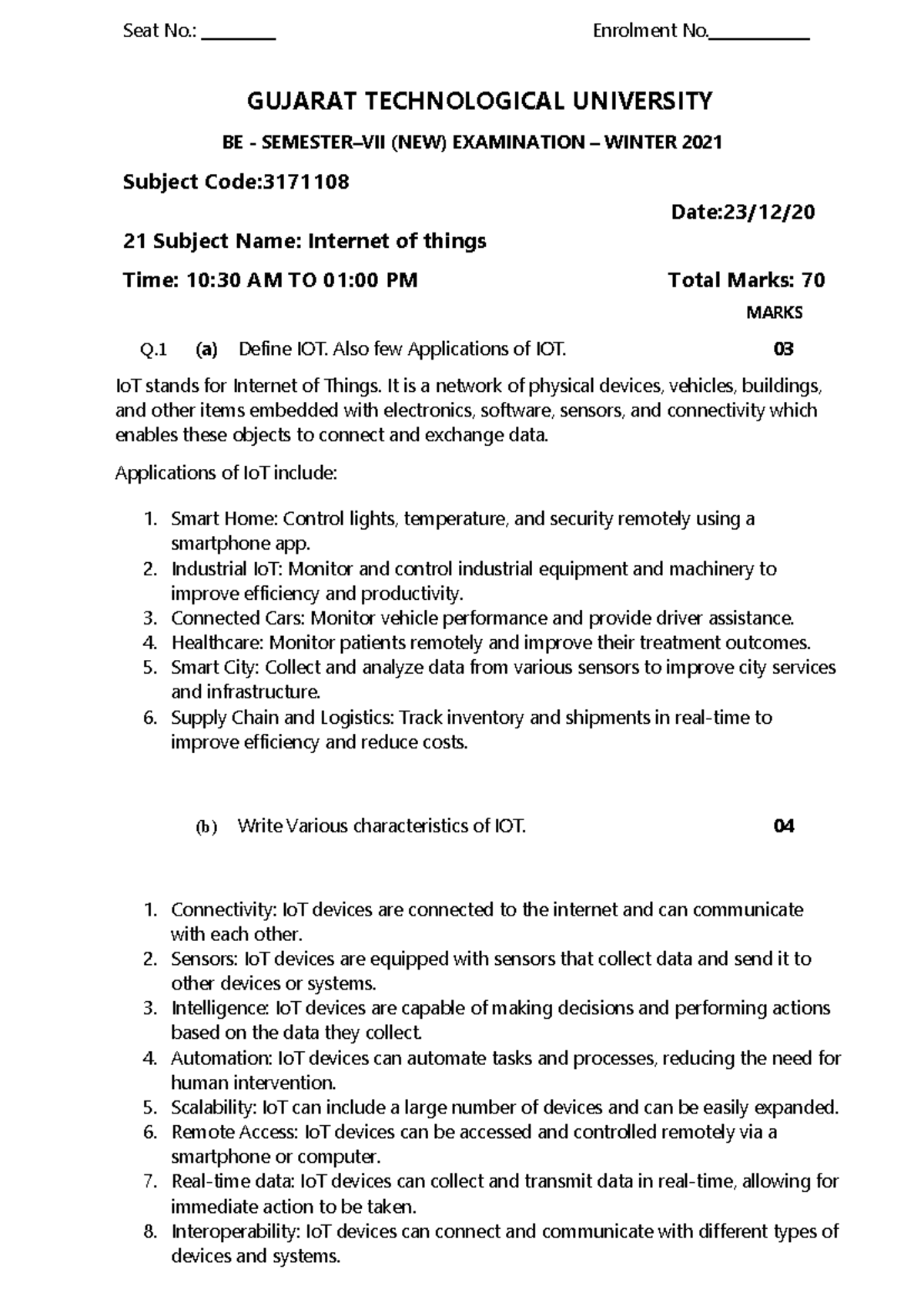 Iotpaper - Gtu - Seat No.: Enrolment No. GUJARAT TECHNOLOGICAL ...