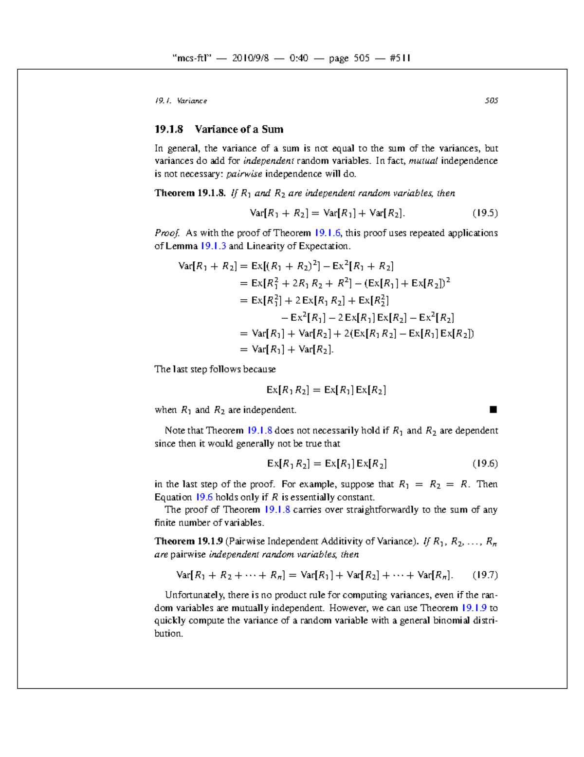 Mathematics for Computer Science-103 - Variance 505 19.1 Variance of a Sum In general, the ...